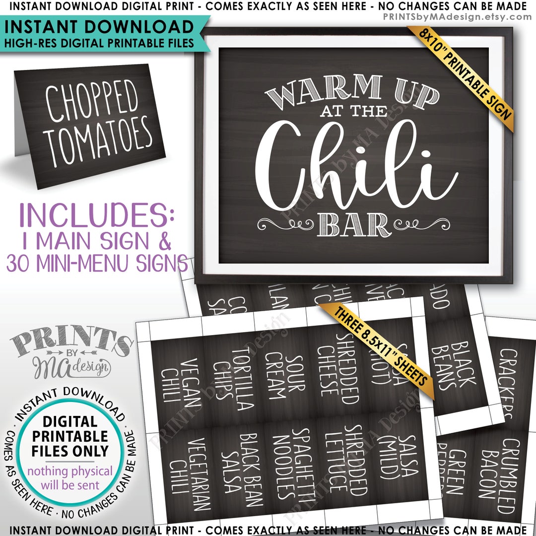 Chili Bar Sign and Labels, Chili Buffet, Build Your Own Bowl of Chili ...