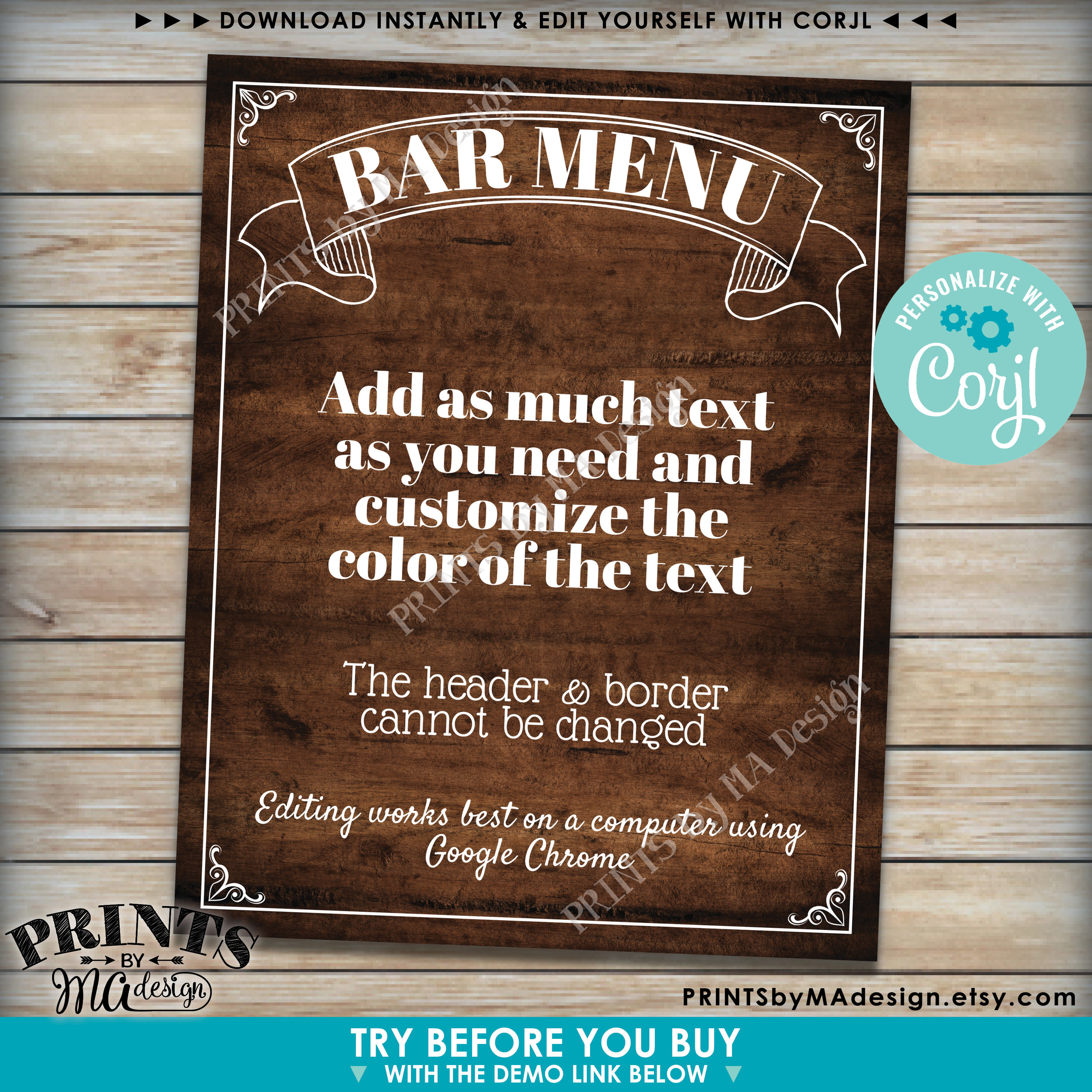 Bar Menu Sign, Custom PRINTABLE 8x10/16x20” Rustic Wood Style Drinks ...