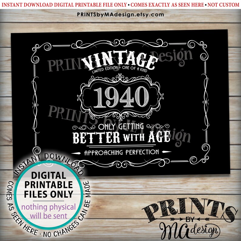1940 Birthday Sign Better With Age Vintage Birthday Poster - Etsy