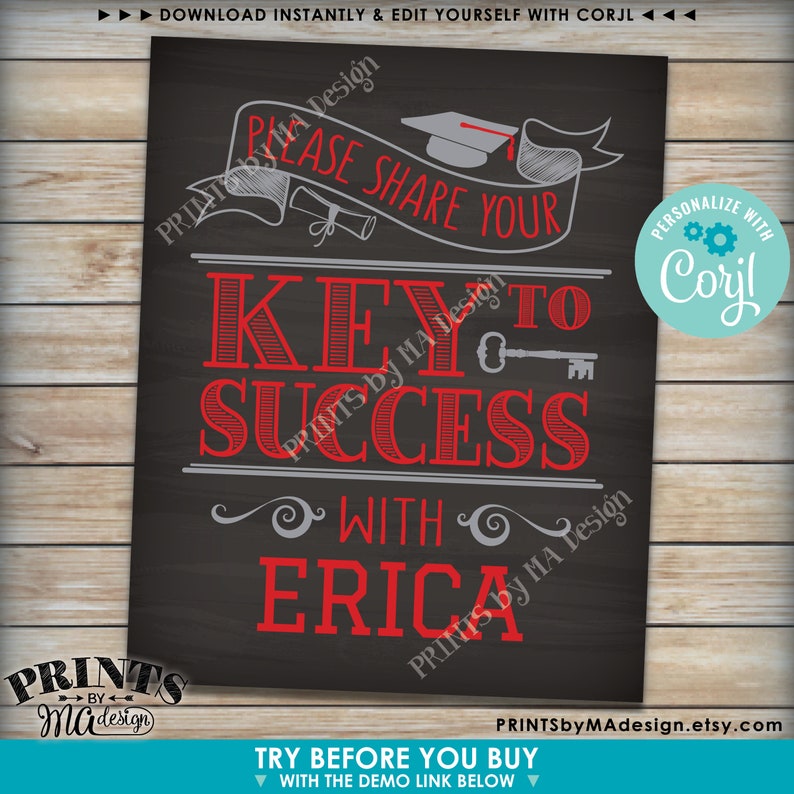 Graduation Key to Success Sign PRINTABLE 8x10 Chalkboard | Etsy