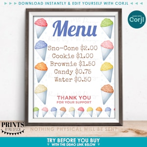 Editable Snow Cone Sign, One Custom PRINTABLE 8x10/16x20” Portrait Sign ...
