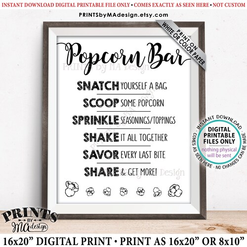 Popcorn Bar Sign Popcorn Toppings Directions Graduation - Etsy