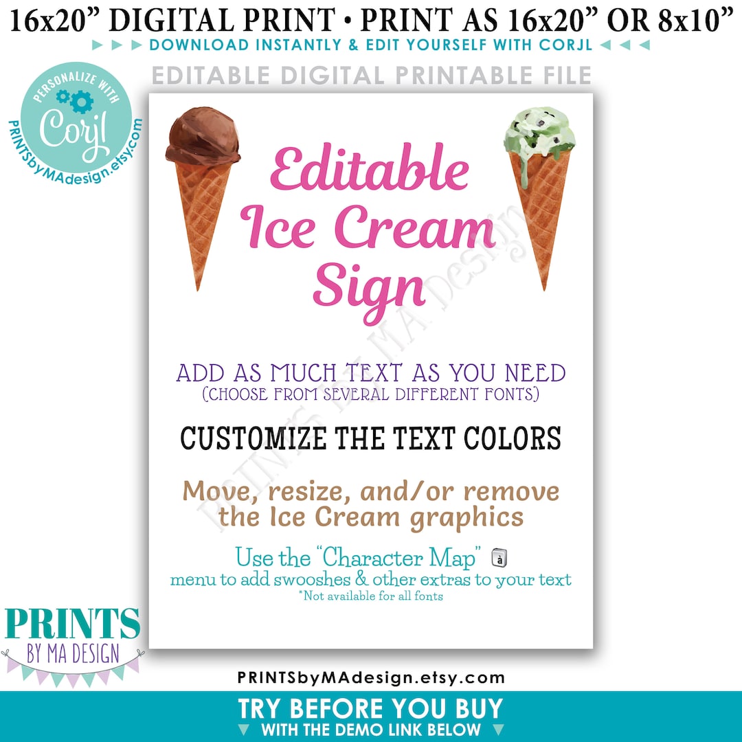 Editable Ice Cream Sign, Custom Choose Text, Ice Cream Bar Flavors ...