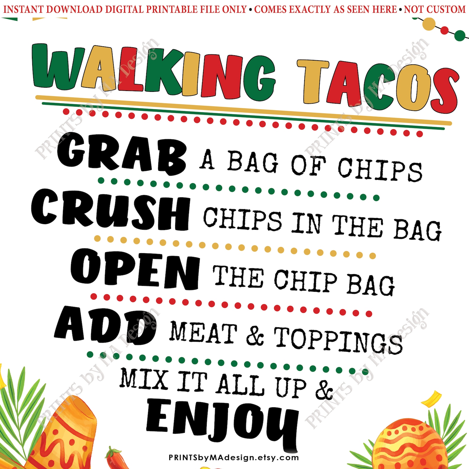 Walking Tacos Sign, Taco Bar Display, Cinco De Mayo Mexican Fiesta Menu ...