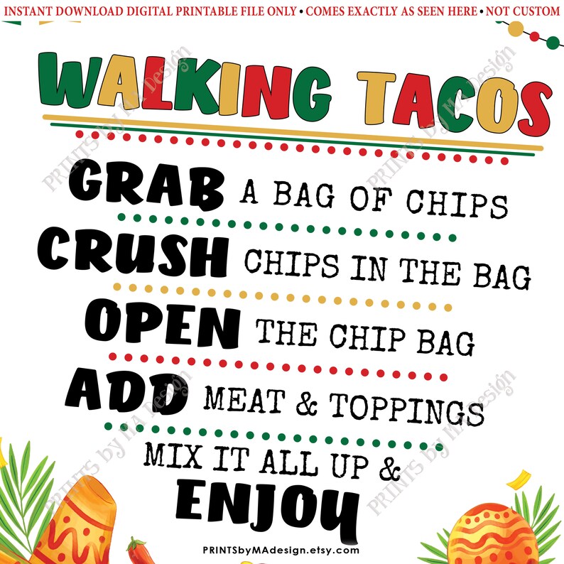 Walking Tacos Sign, Taco Bar Display, Cinco De Mayo Mexican Fiesta Menu ...