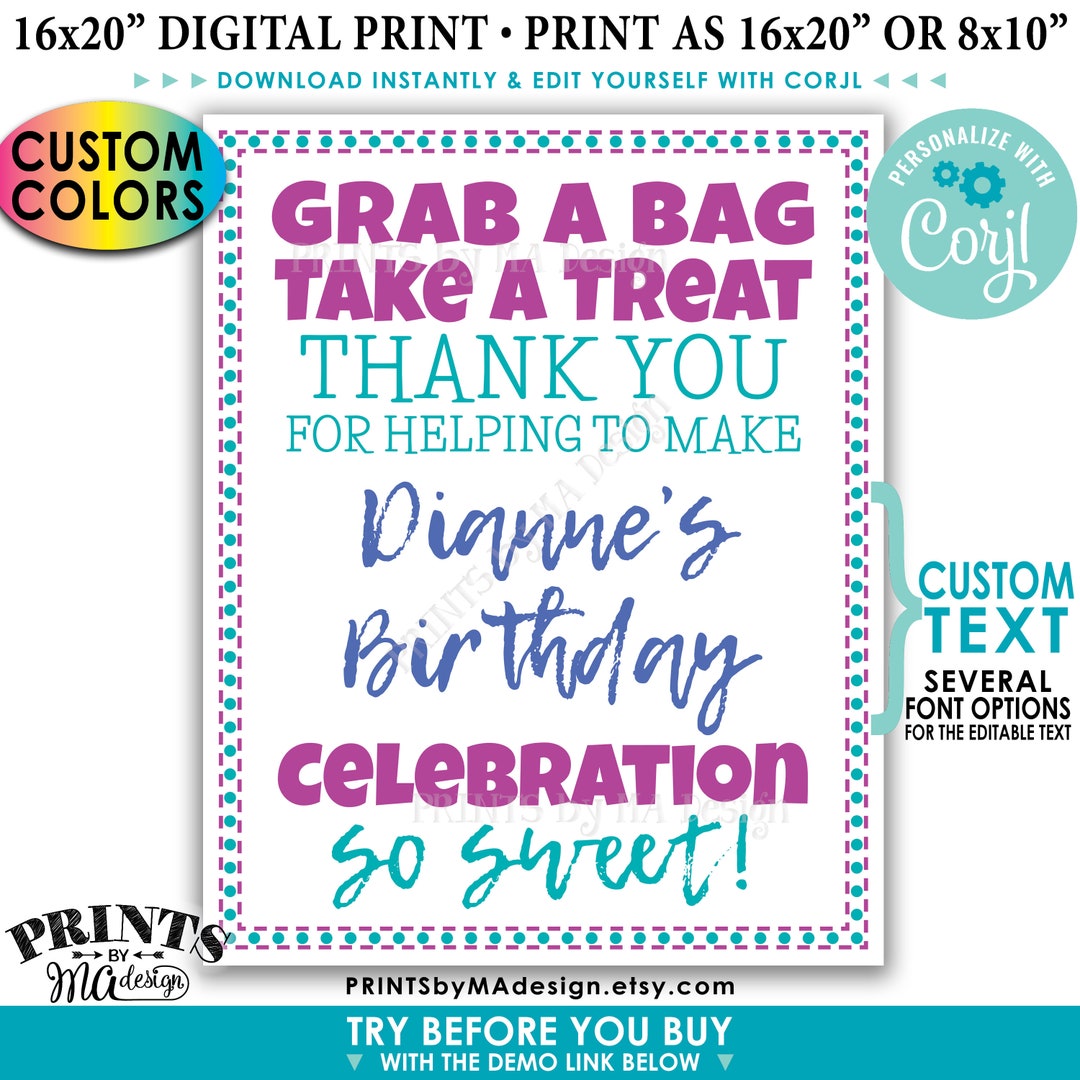 Sweet Treat Sign, Grab a Bag Take a Treat, Any Celebration, Candy Bar ...