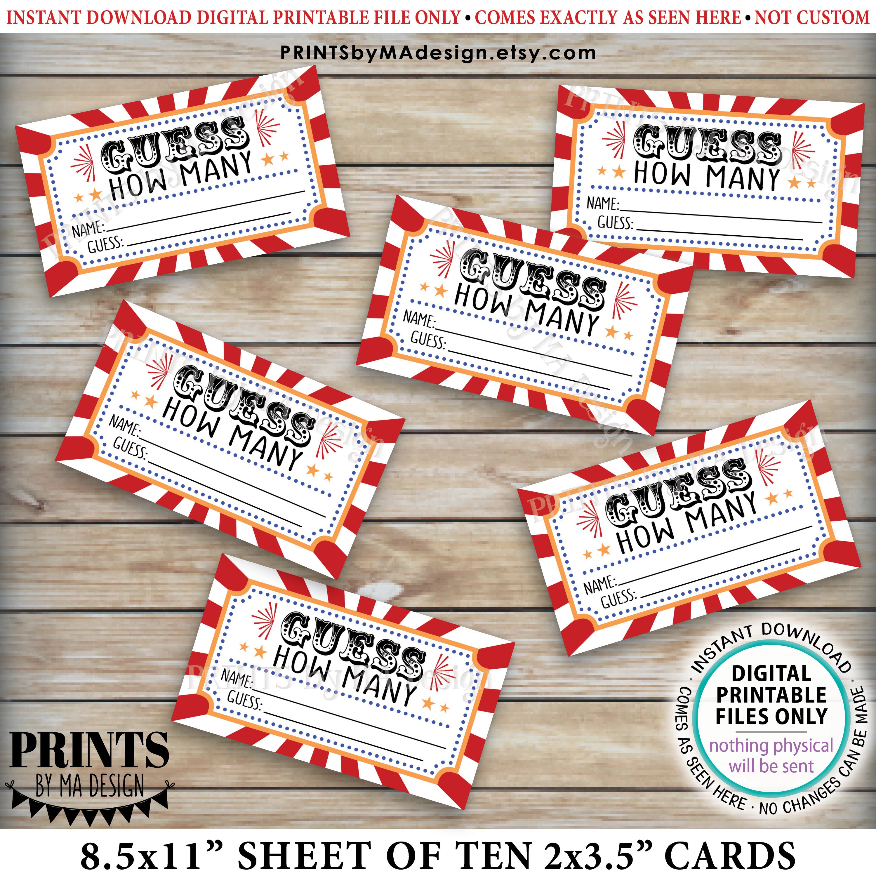 Guess How Many Carnival Theme Cards Circus Guessing Game Birthday 