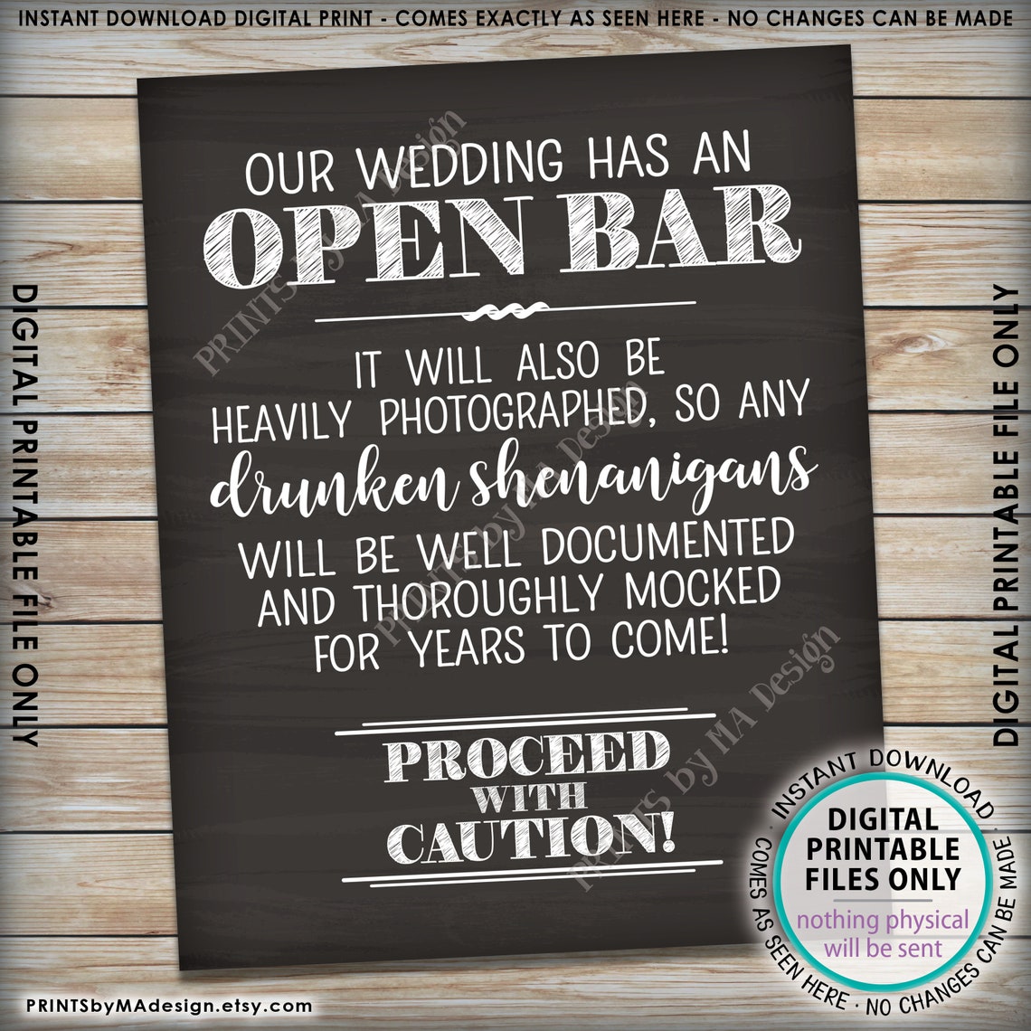Open Bar Sign, Drunken Shenanigans Sign, Alcohol Documented Wedding Bar ...
