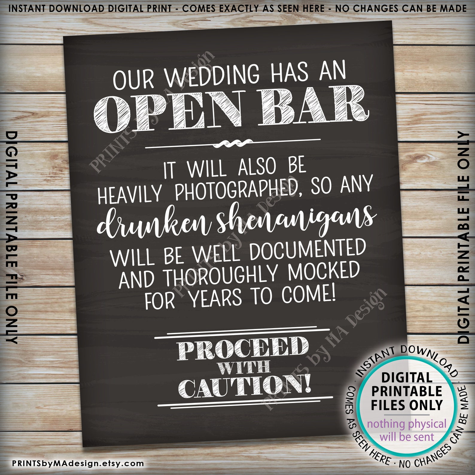 Open Bar Sign, Drunken Shenanigans Sign, Alcohol Documented Wedding Bar ...