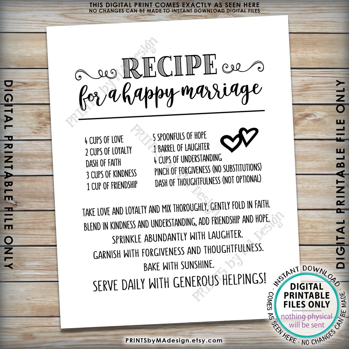 Recipe for a Happy Marriage Sign Bridal Shower Gift Key to a | Etsy