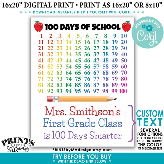 100 Days of School Sign Custom PRINTABLE 8x10/16x20 100th | Etsy