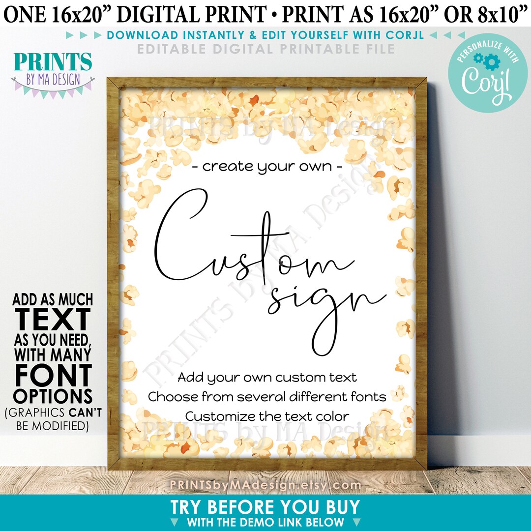 Editable Popcorn Sign, Movie Popcorn Party, Choose Your Text, Custom ...