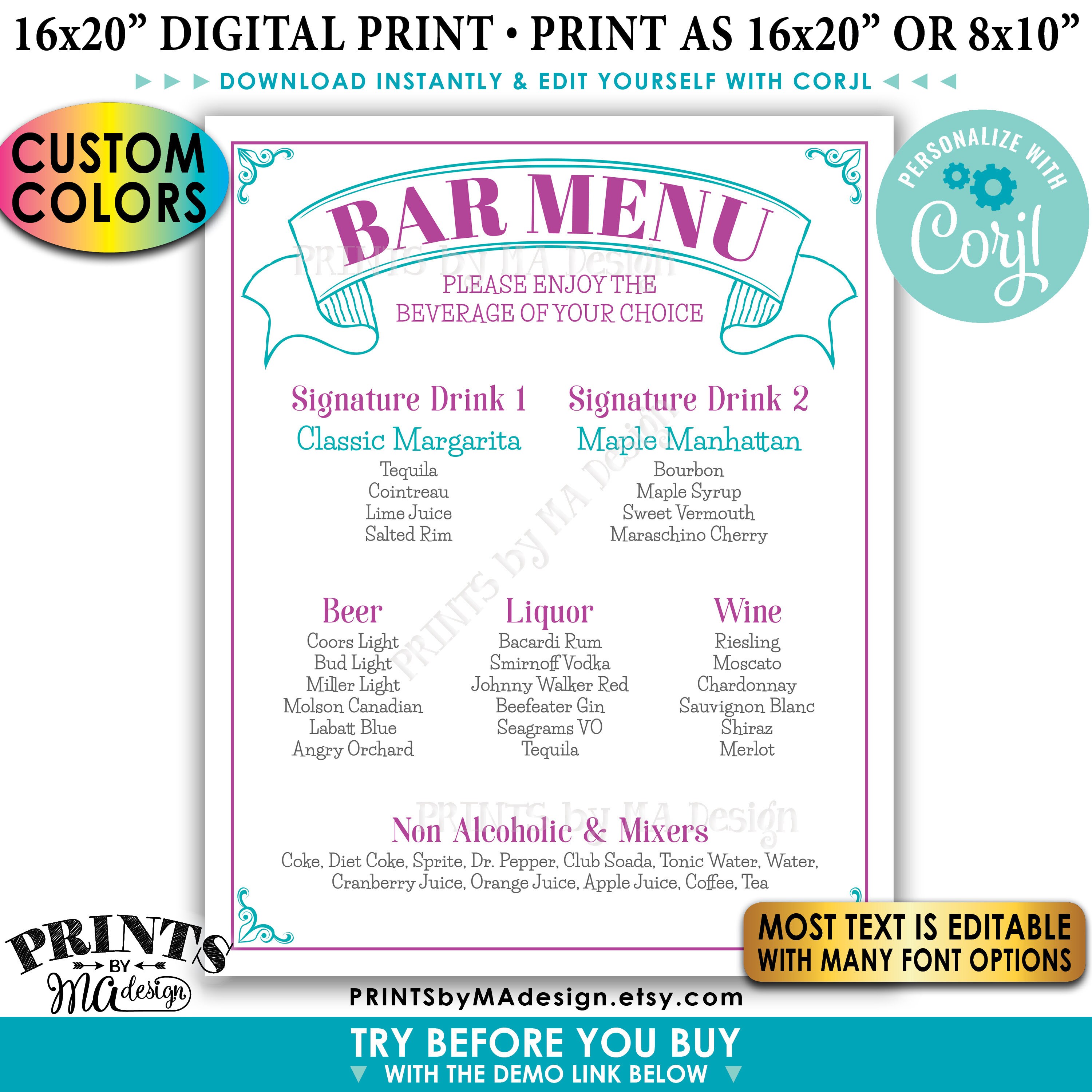 Bar Menu Sign, Custom PRINTABLE 8x10/16x20” Drinks Sign, Birthday Party ...