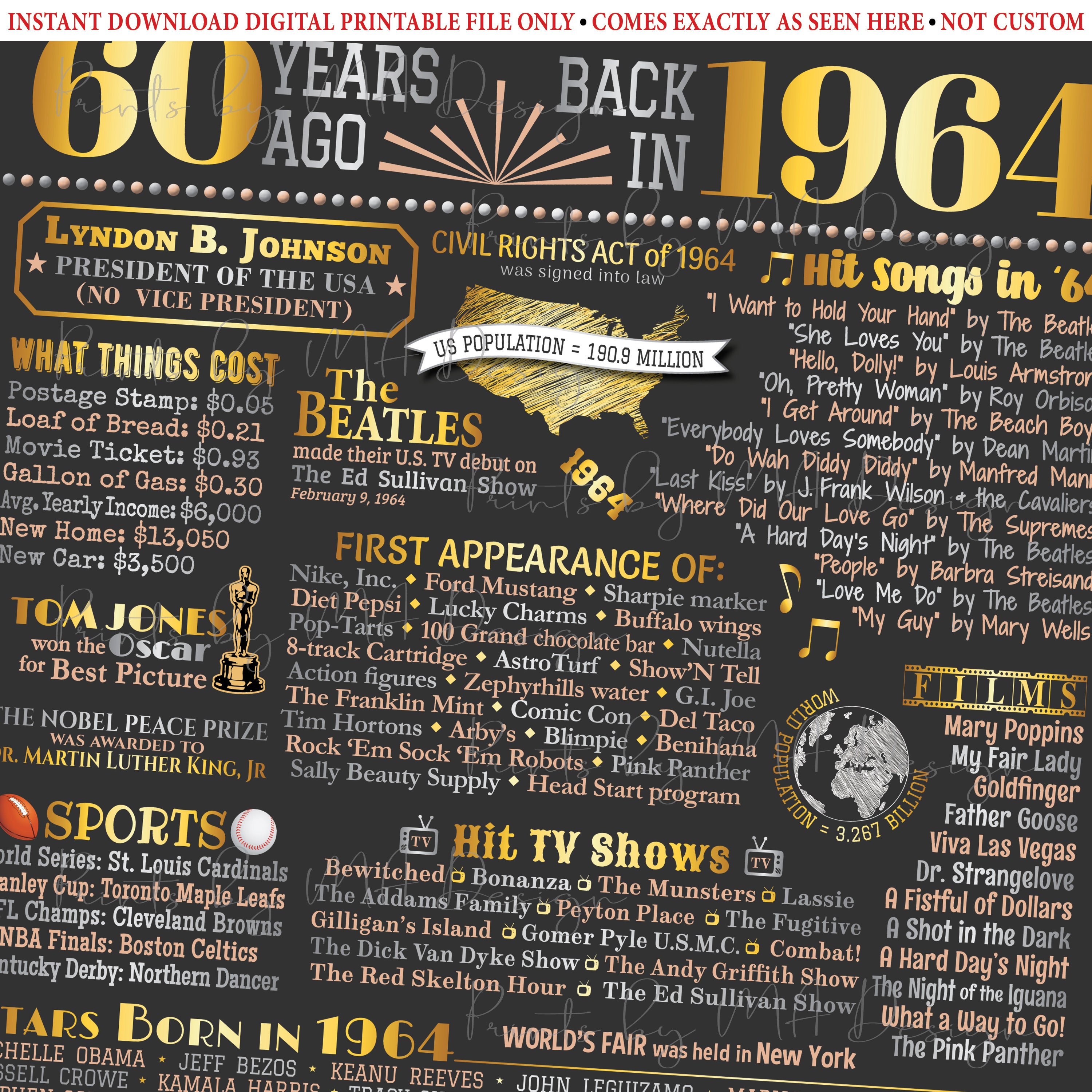 60th Birthday Poster Board, Born in the Year 1964 Flashback 60 Years ...