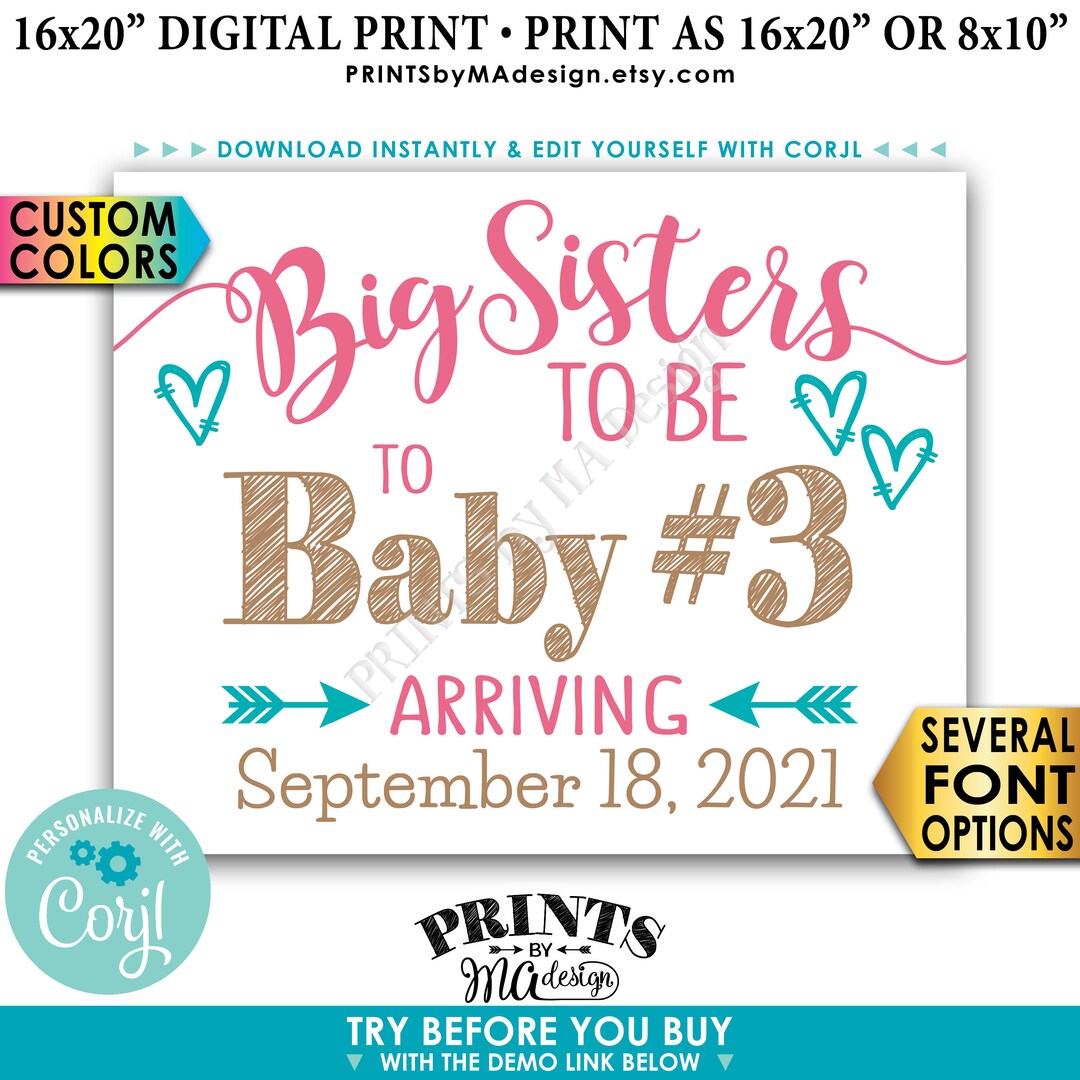 Baby 3 Pregnancy Announcement, Big Sisters to 3rd Baby, PRINTABLE 8x10 ...