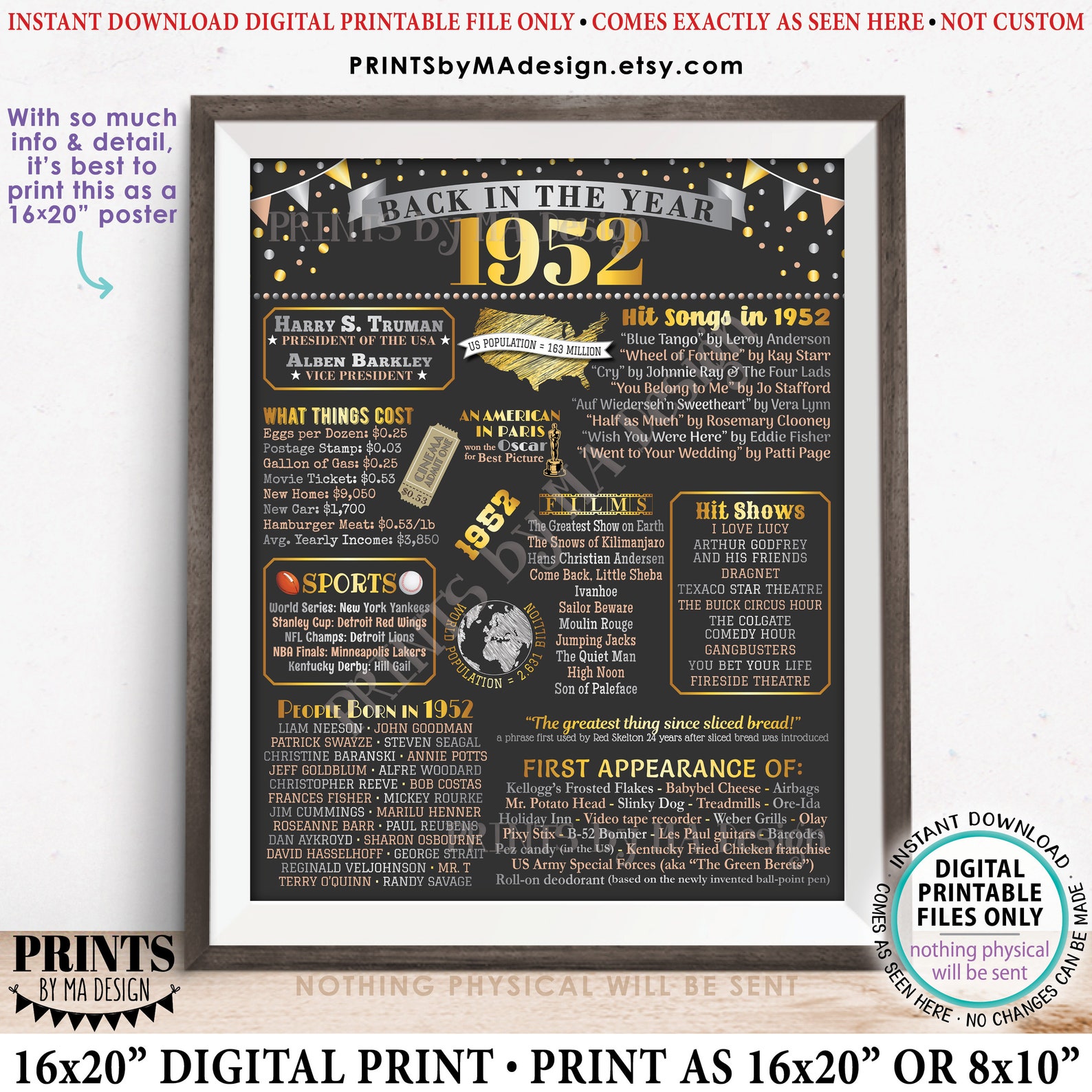 Back in the Year 1952 Poster Board, Remember 1952 Sign, Flashback to ...