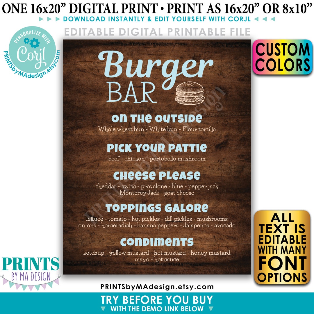 Editable Burger Sign, Custom Burger Bar Menu, Build Yourself a Burger ...