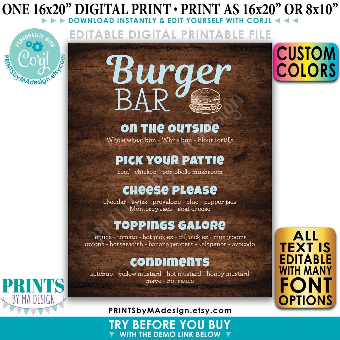 Editable Burger Sign Custom Burger Bar Menu Build Yourself a - Etsy