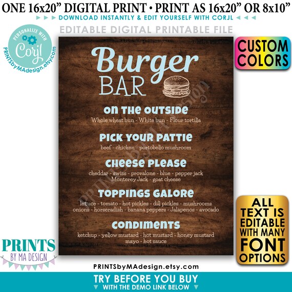 Editable Burger Sign Custom Burger Bar Menu Build Yourself a | Etsy