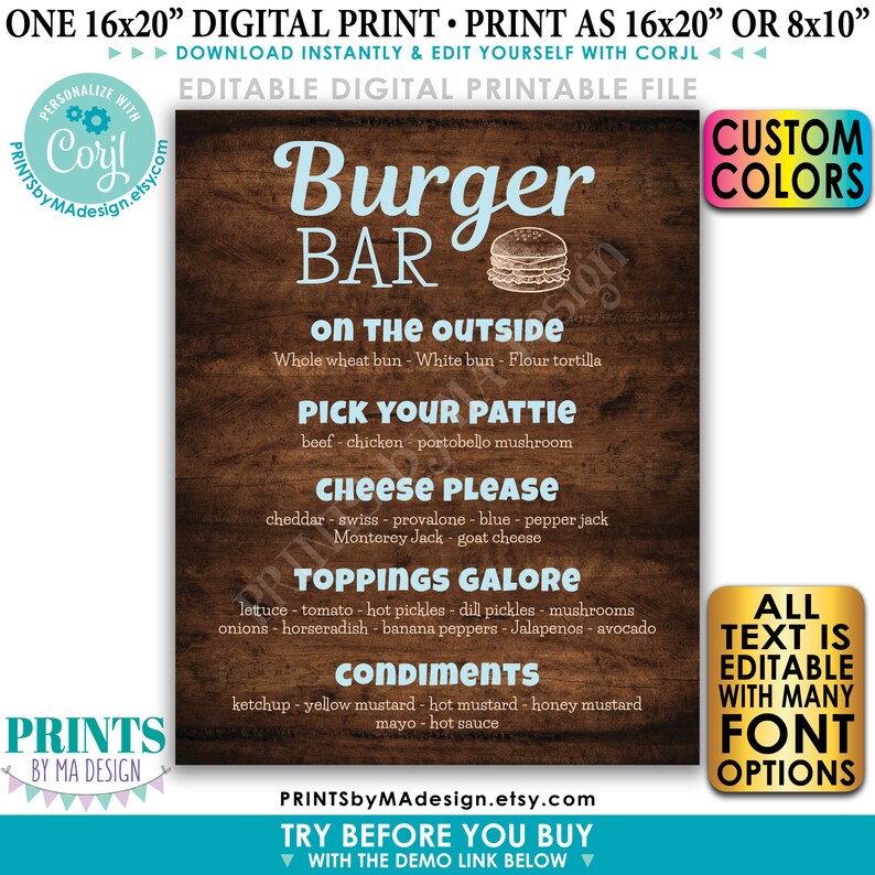 Editable Burger Sign Custom Burger Bar Menu Build Yourself a - Etsy