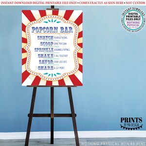 Carnival Popcorn Bar Sign, Popcorn Toppings, Directions, Circus ...