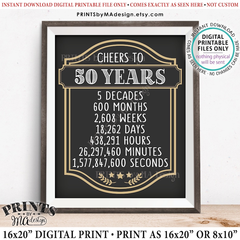 Cheers to 50 Years, 50th Birthday Sign, 50th Anniversary, PRINTABLE ...
