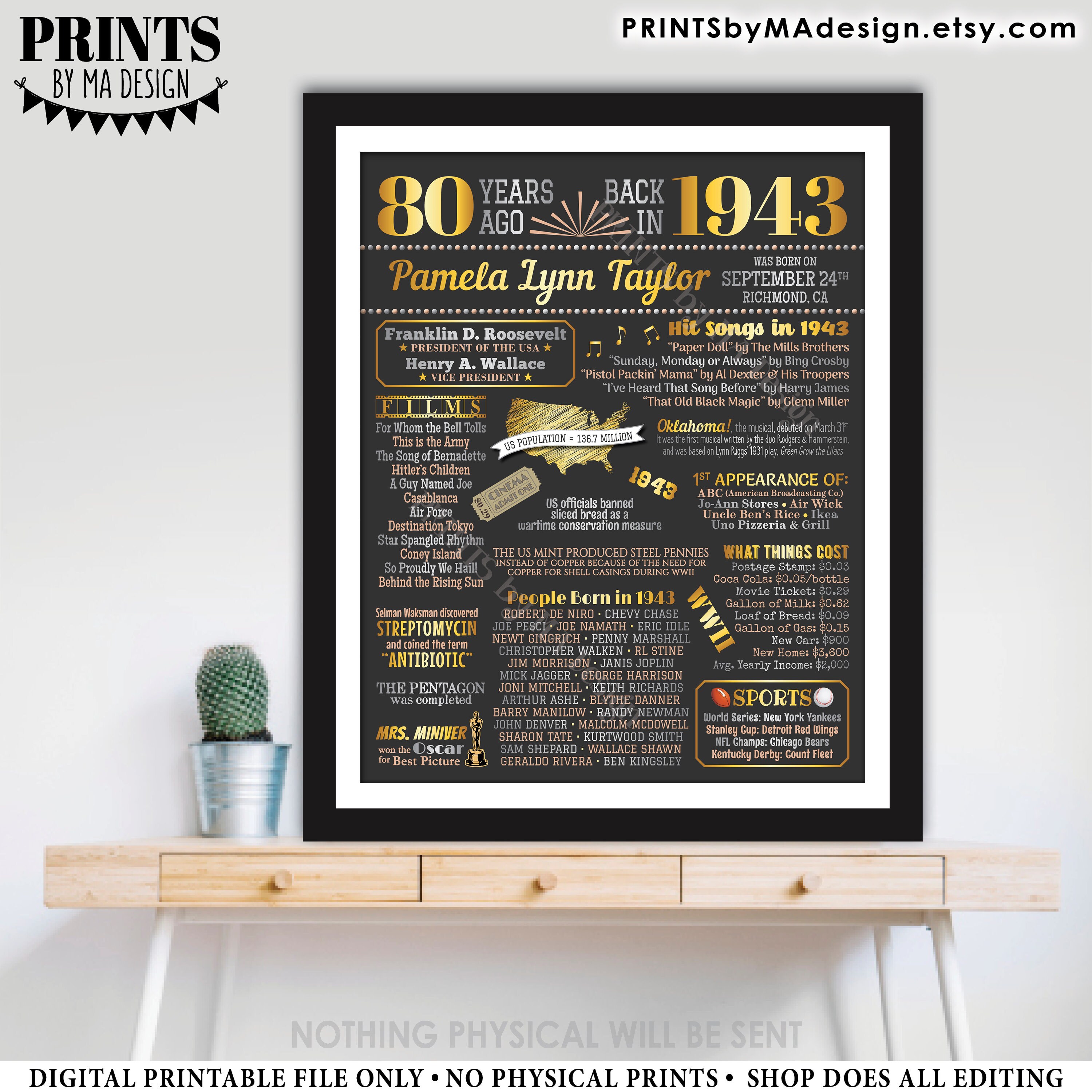 80th Birthday Poster Board, Born in 1943 Flashback 80 Years Ago B-day ...