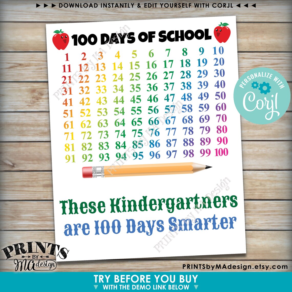 100 Days of School Sign Custom PRINTABLE 8x10/16x20 100th | Etsy