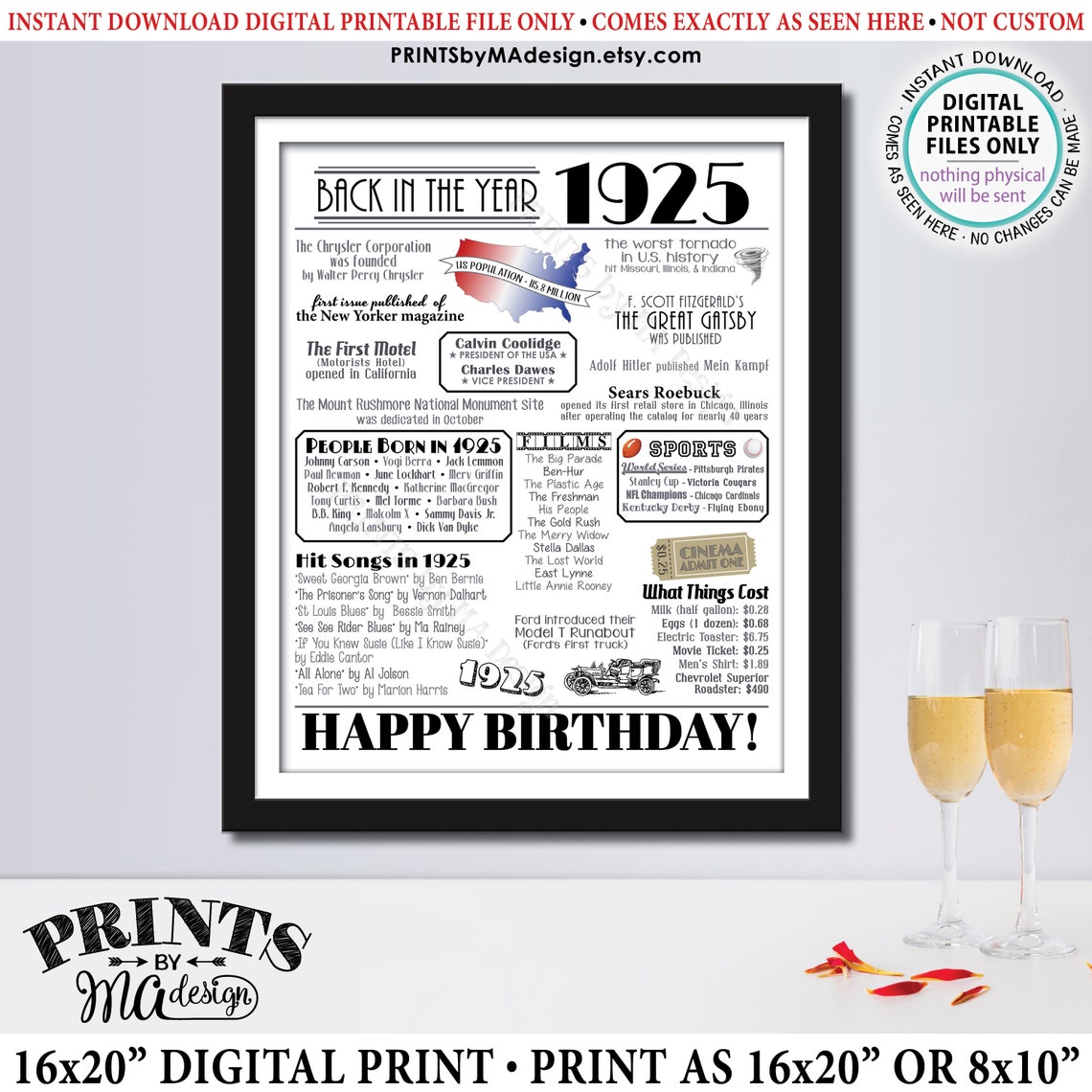 Born in the Year 1925 Flashback Poster, Back in 1925 Sign, Flashback to ...