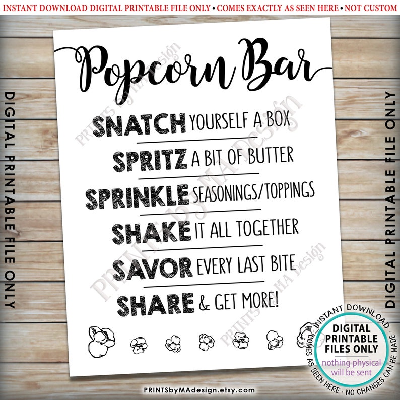 Popcorn Bar Sign Box of Popcorn Make Your Own Snack | Etsy