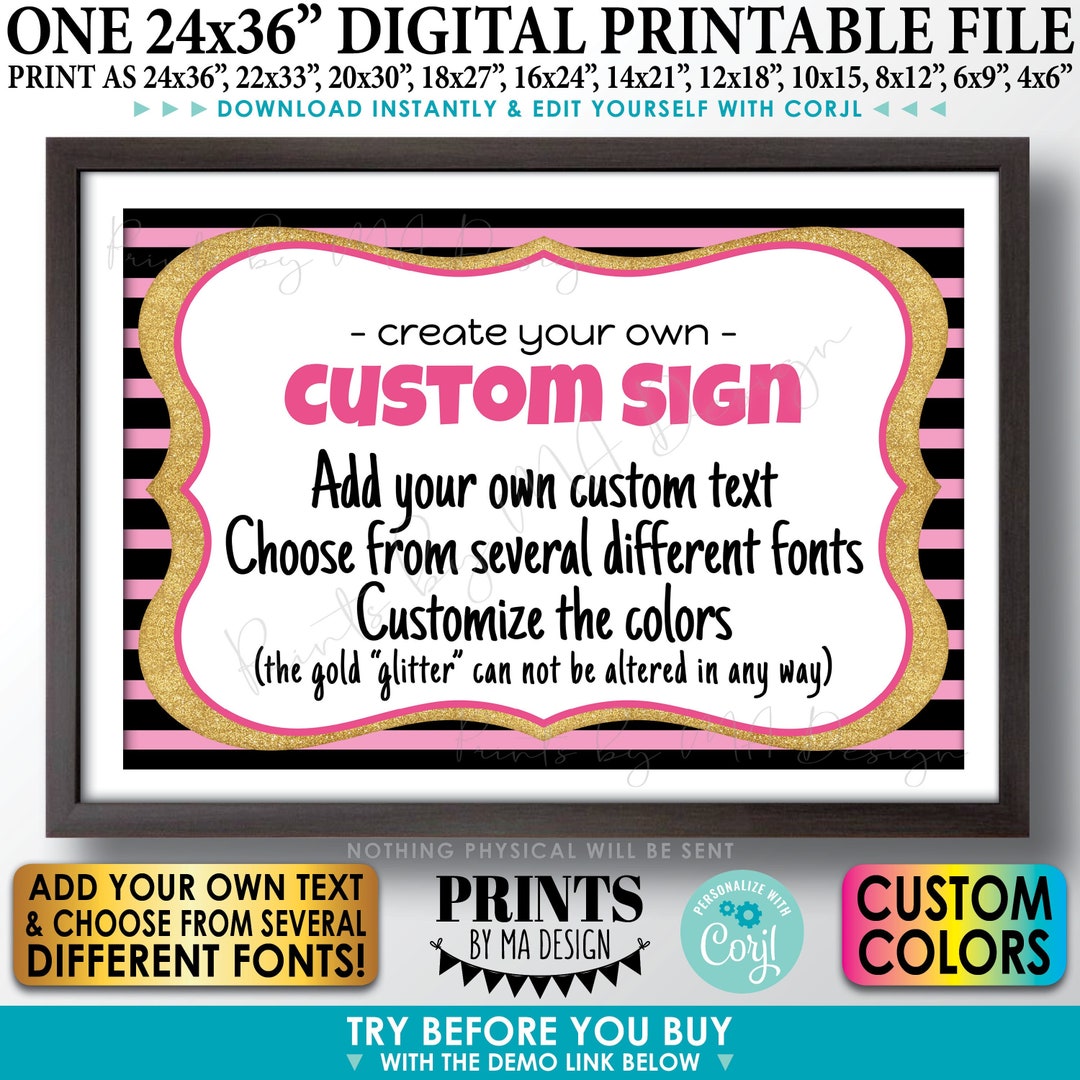 Editable Stripes Sign, Gold Glitter, Choose Your Text and Colors ...