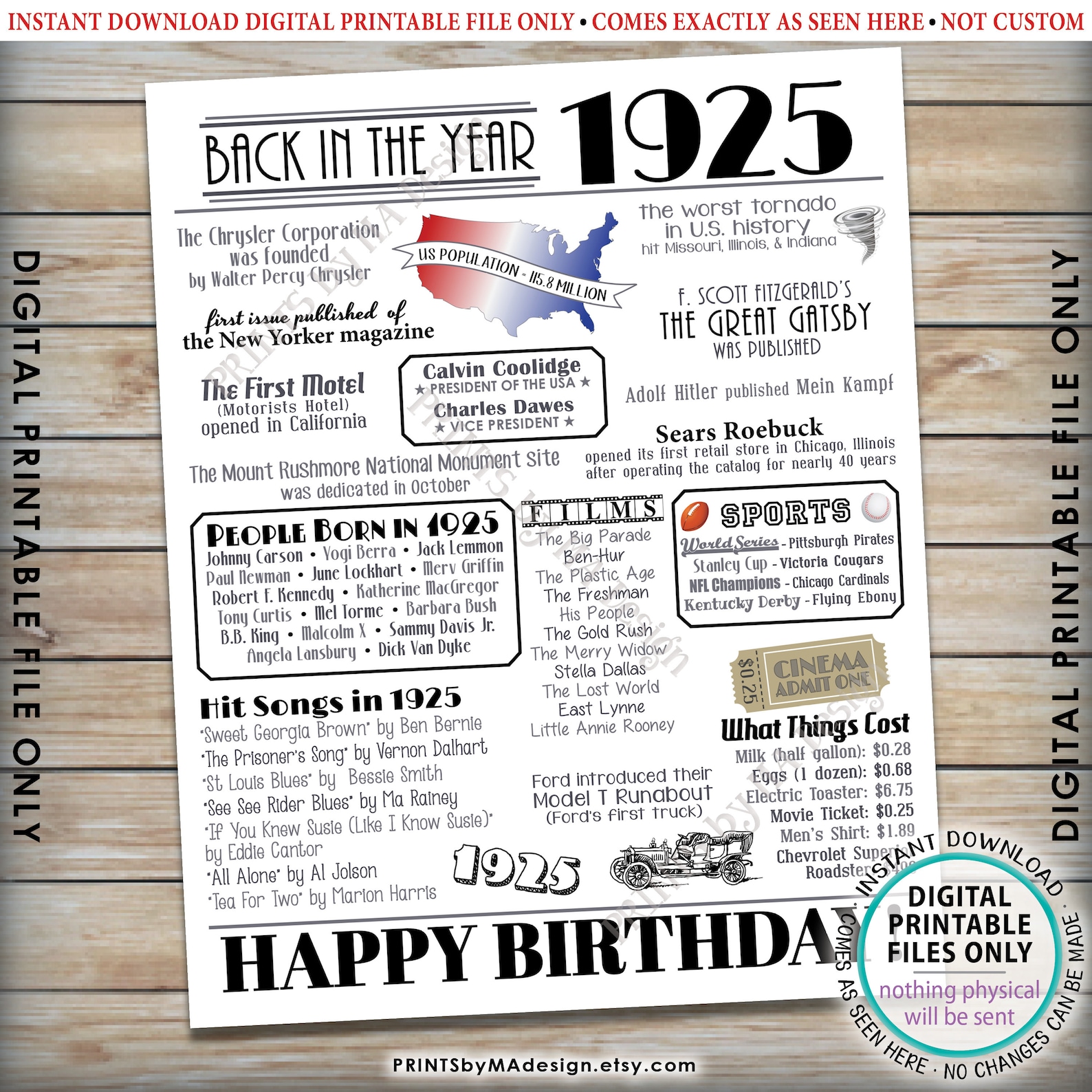 Born in the Year 1925 Flashback Poster Back in 1925 Sign | Etsy