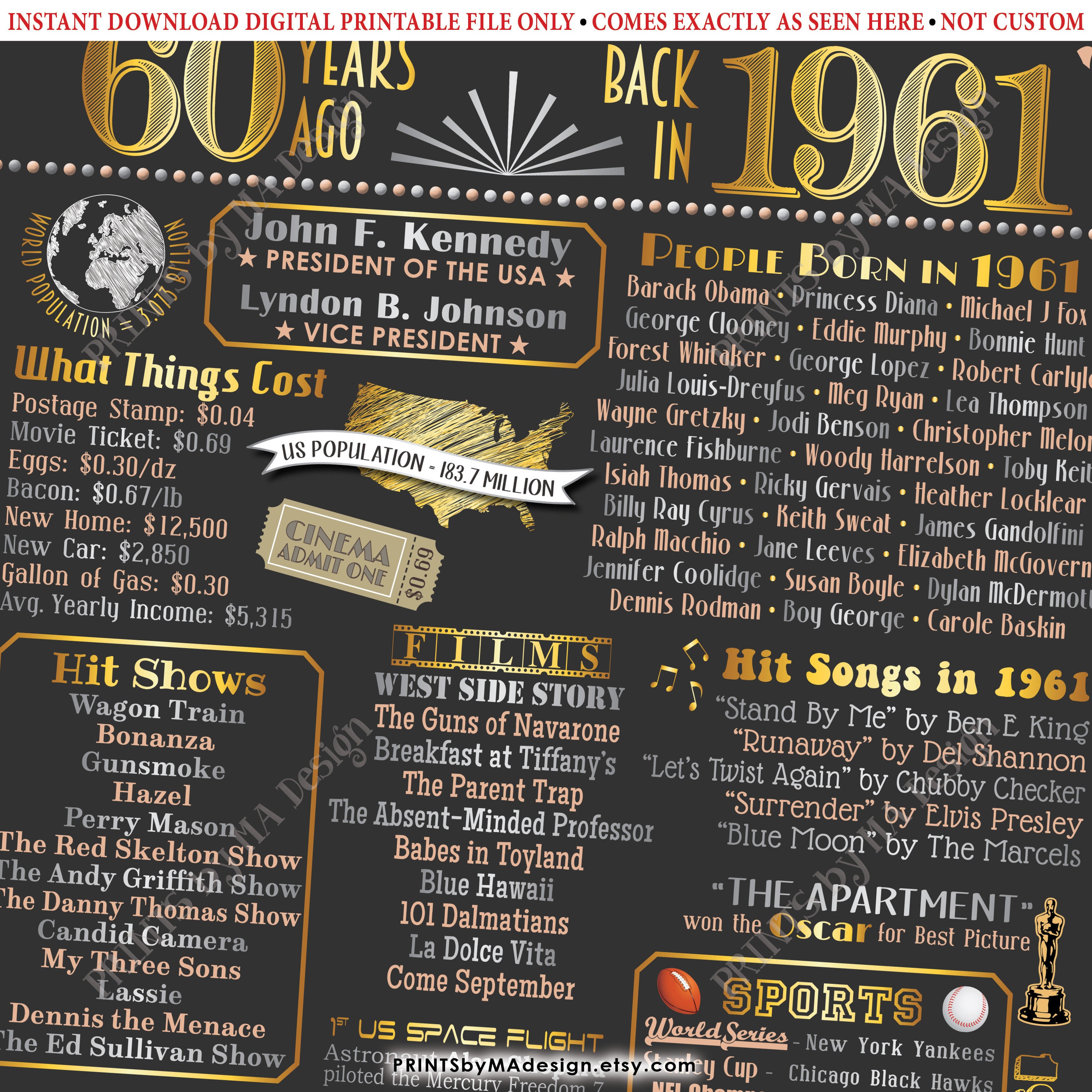 60th Birthday Poster Board, Born in the Year 1961 Flashback 60 Years ...