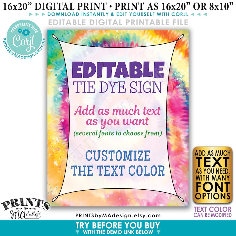 Editable Tie Dye Sign, Custom PRINTABLE 8x10/16x20” Portrait Sign, Add ...