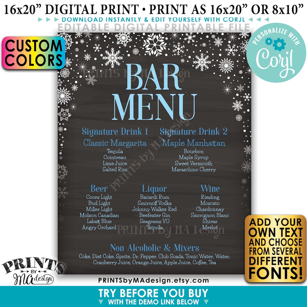Editable Bar Menu Sign, Winter Snowflakes, PRINTABLE 8x10/16x20 ...