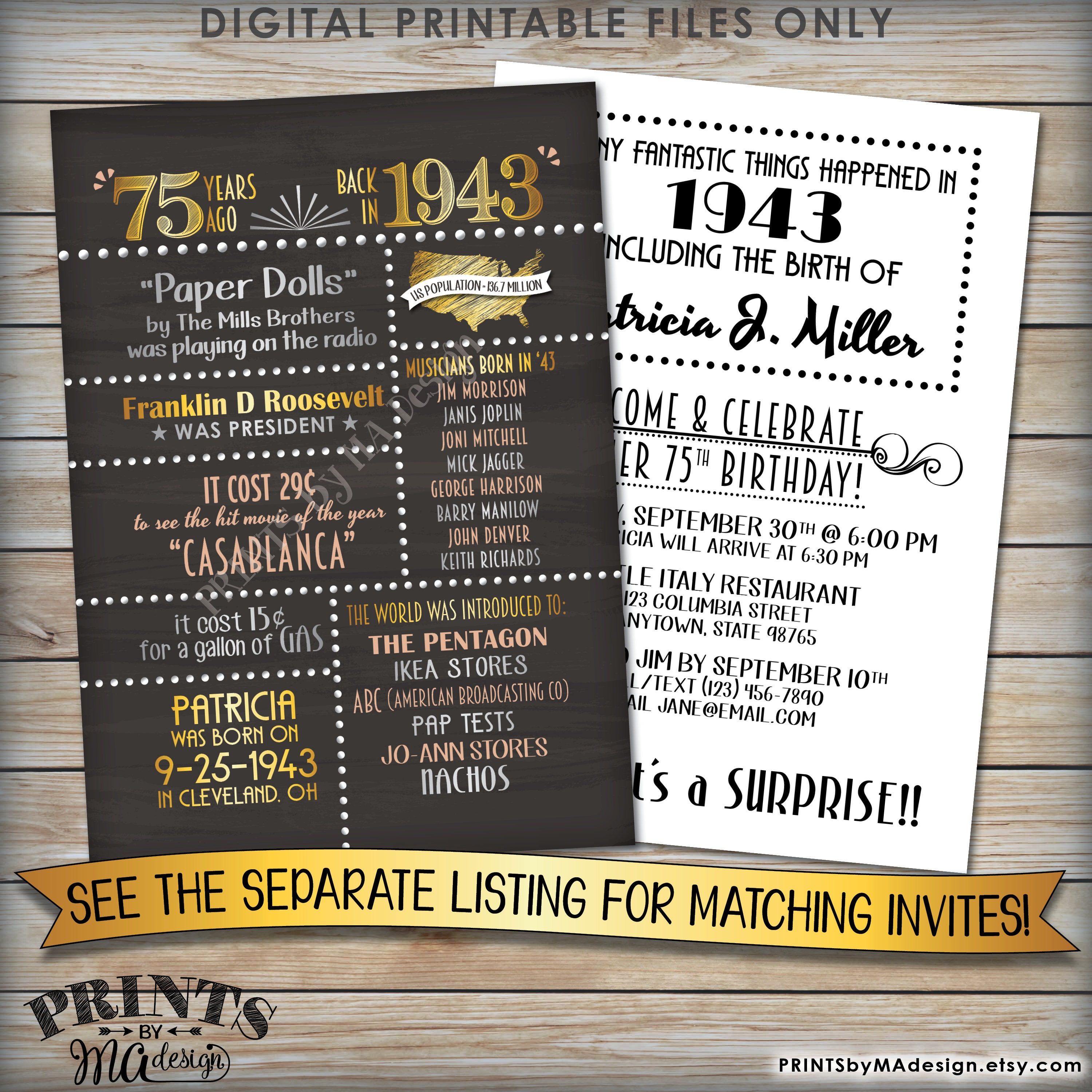 1943 Birthday Poster, Flashback 75 Years Ago, 75th Birthday Gift, Back ...