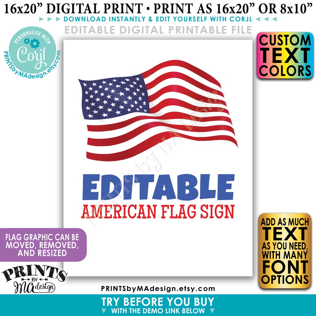 Editable American Flag Sign, 4th of July, Memorial or Labor Day, Choose ...