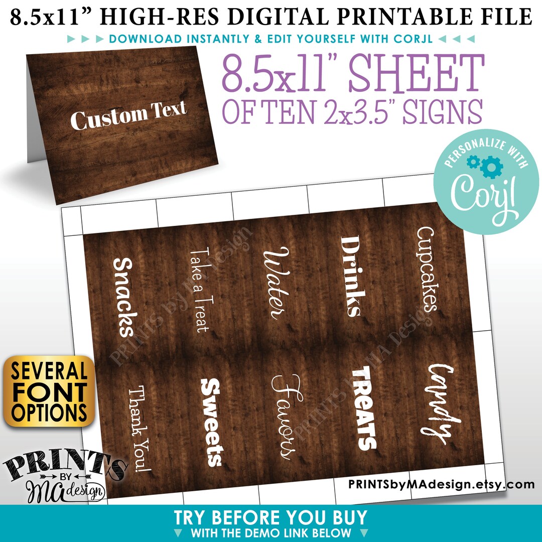 Custom Rustic Wood Style Place Cards, Any Text, Buffet Food Labels, One ...