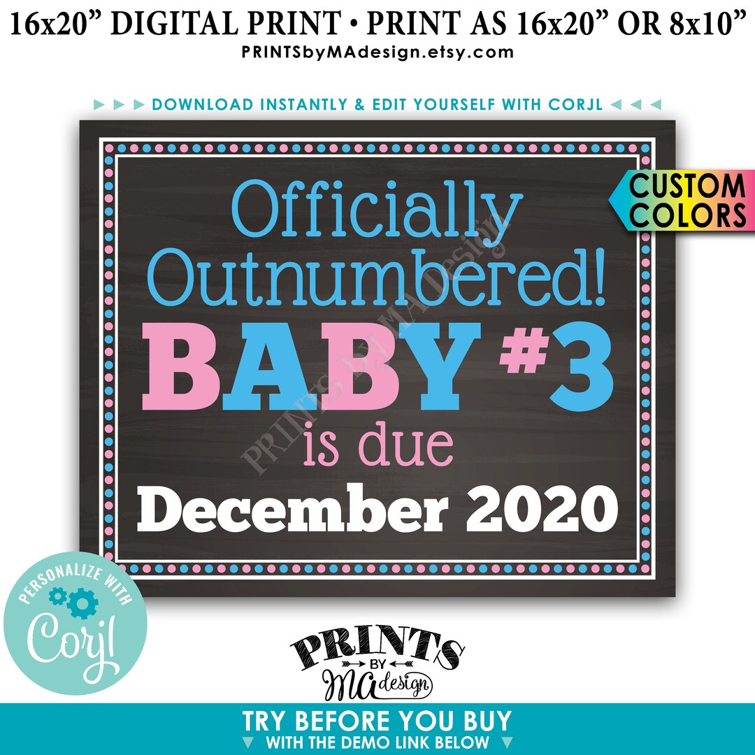 Baby #3 Pregnancy Announcement, Officially Outnumbered, PRINTABLE 8x10 ...