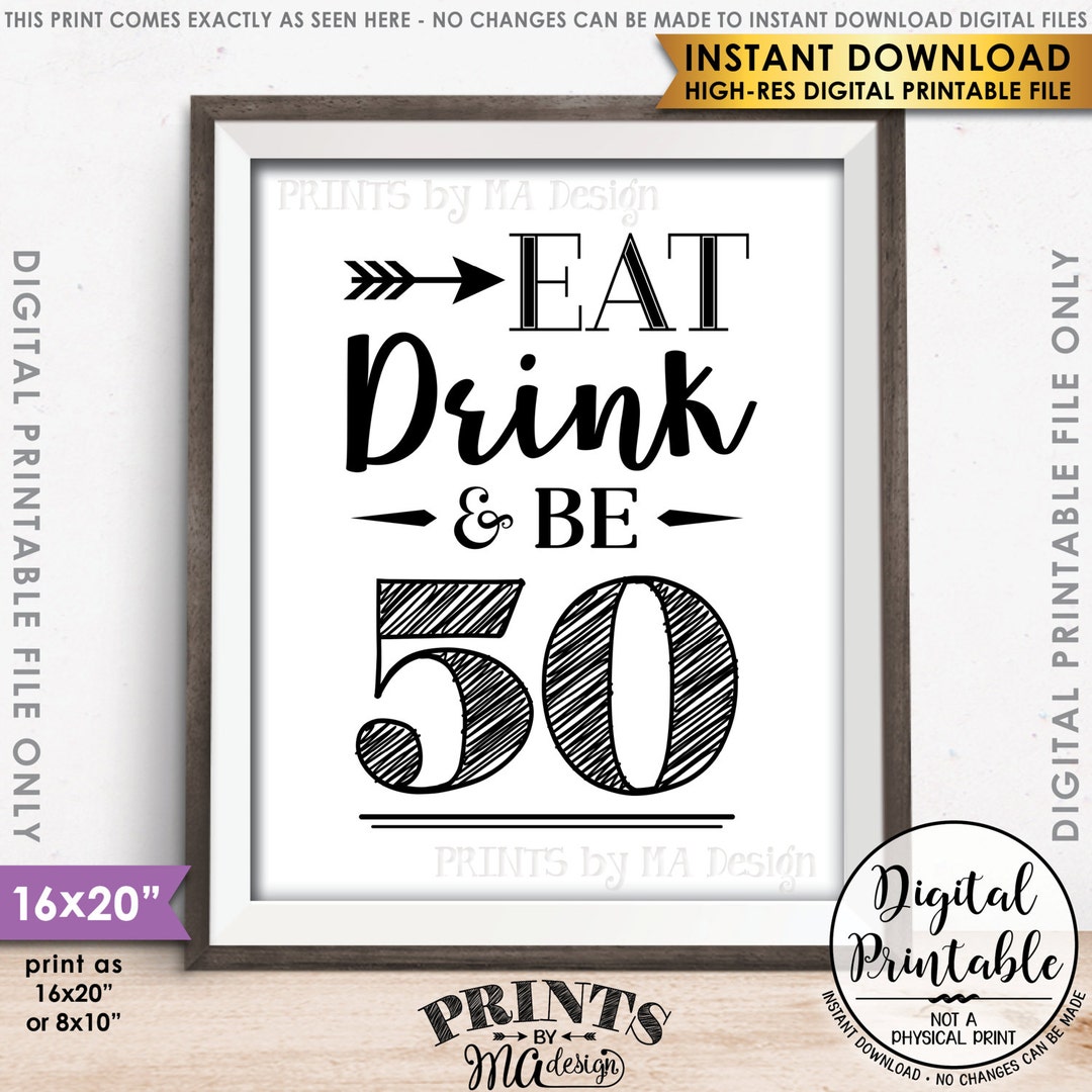 Eat Drink & Be 50, Fiftieth Birthday Sign, Cheers to Fifty Years 50th ...
