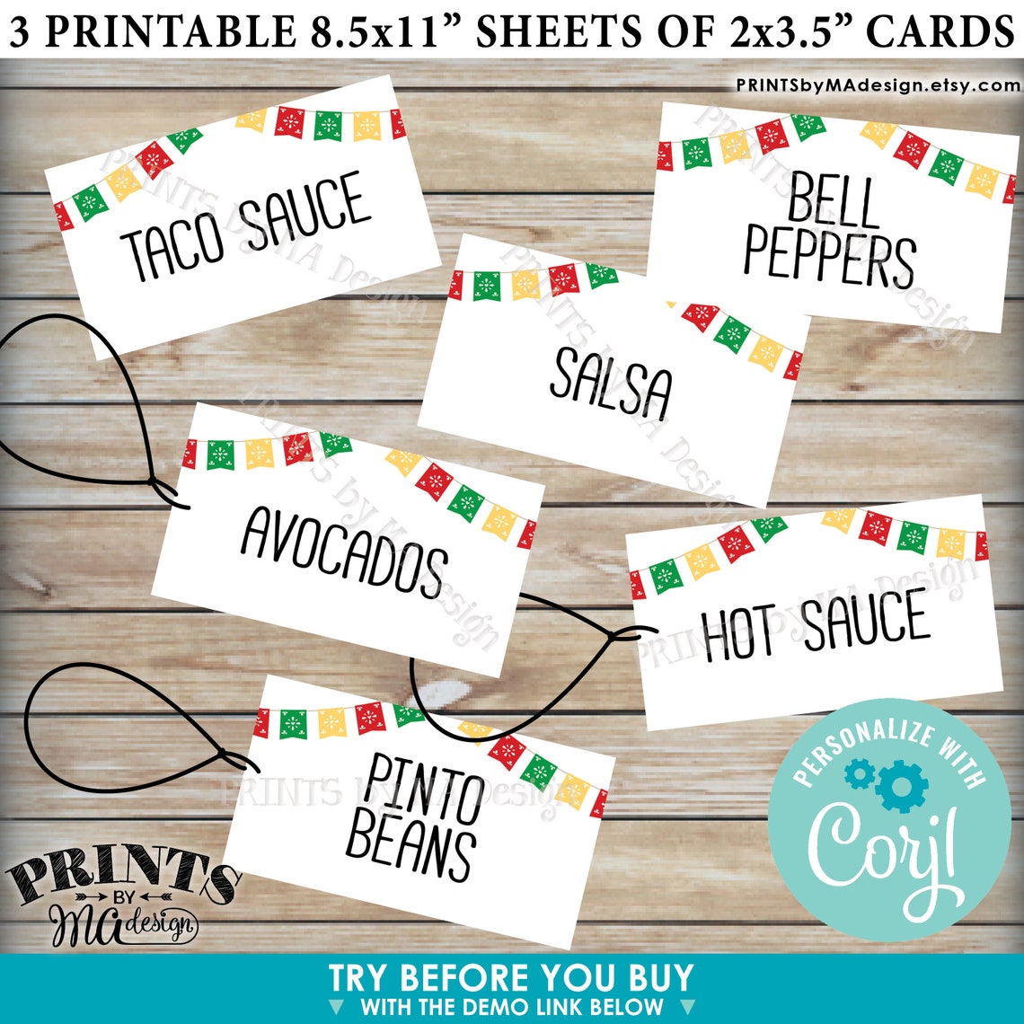 Taco Bar Labels Fiesta Mini Menu Place Cards 2x3.5 | Etsy