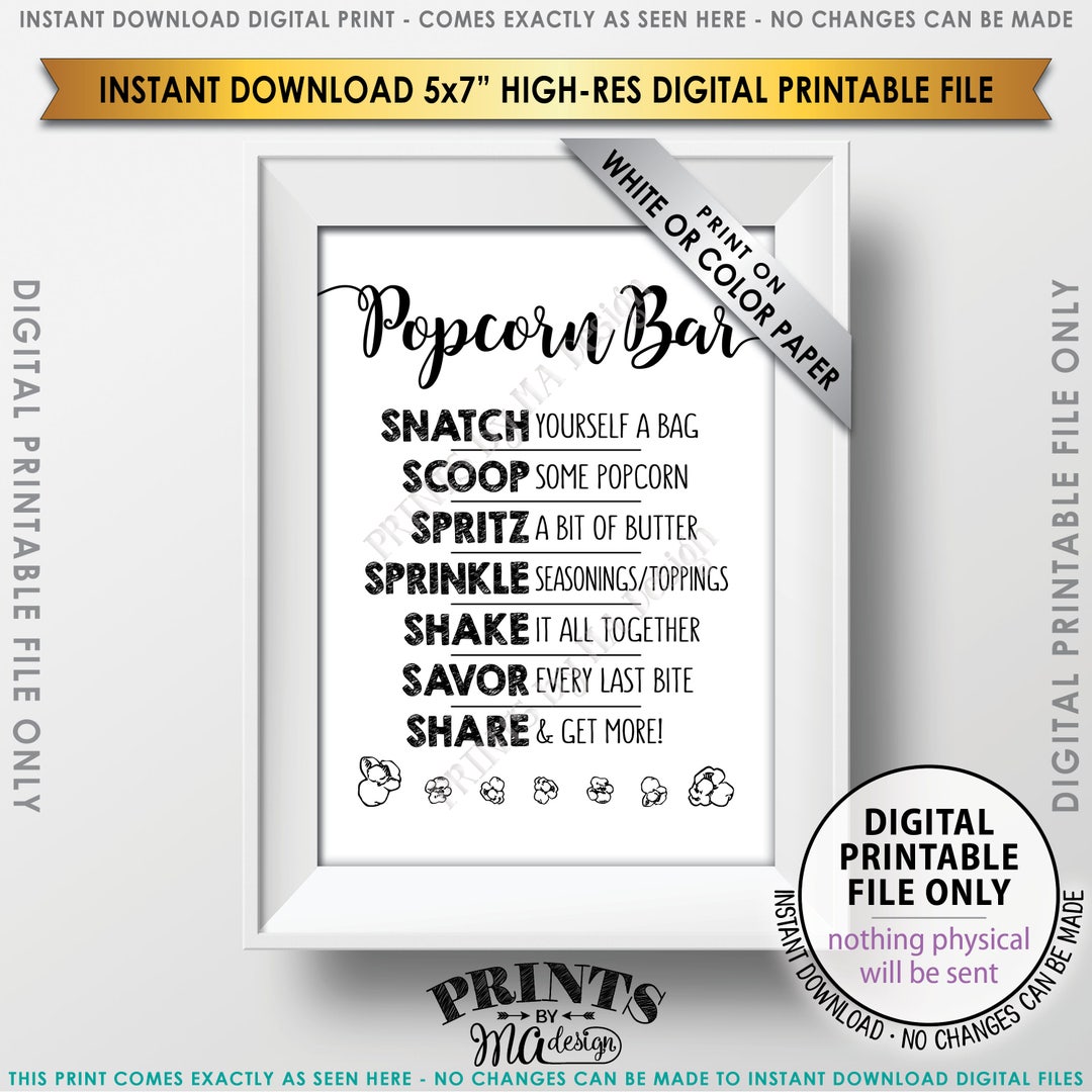 Popcorn Bar Sign, Popcorn Toppings, Popcorn Bar Directions, Wedding ...