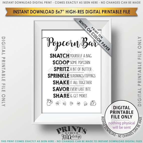 Popcorn Bar Sign Popcorn Toppings Popcorn Bar Directions | Etsy