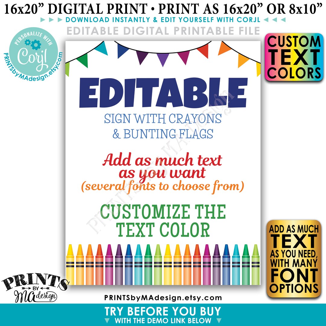 Editable Sign With Colorful Crayons & Bunting Flags, Custom PRINTABLE ...