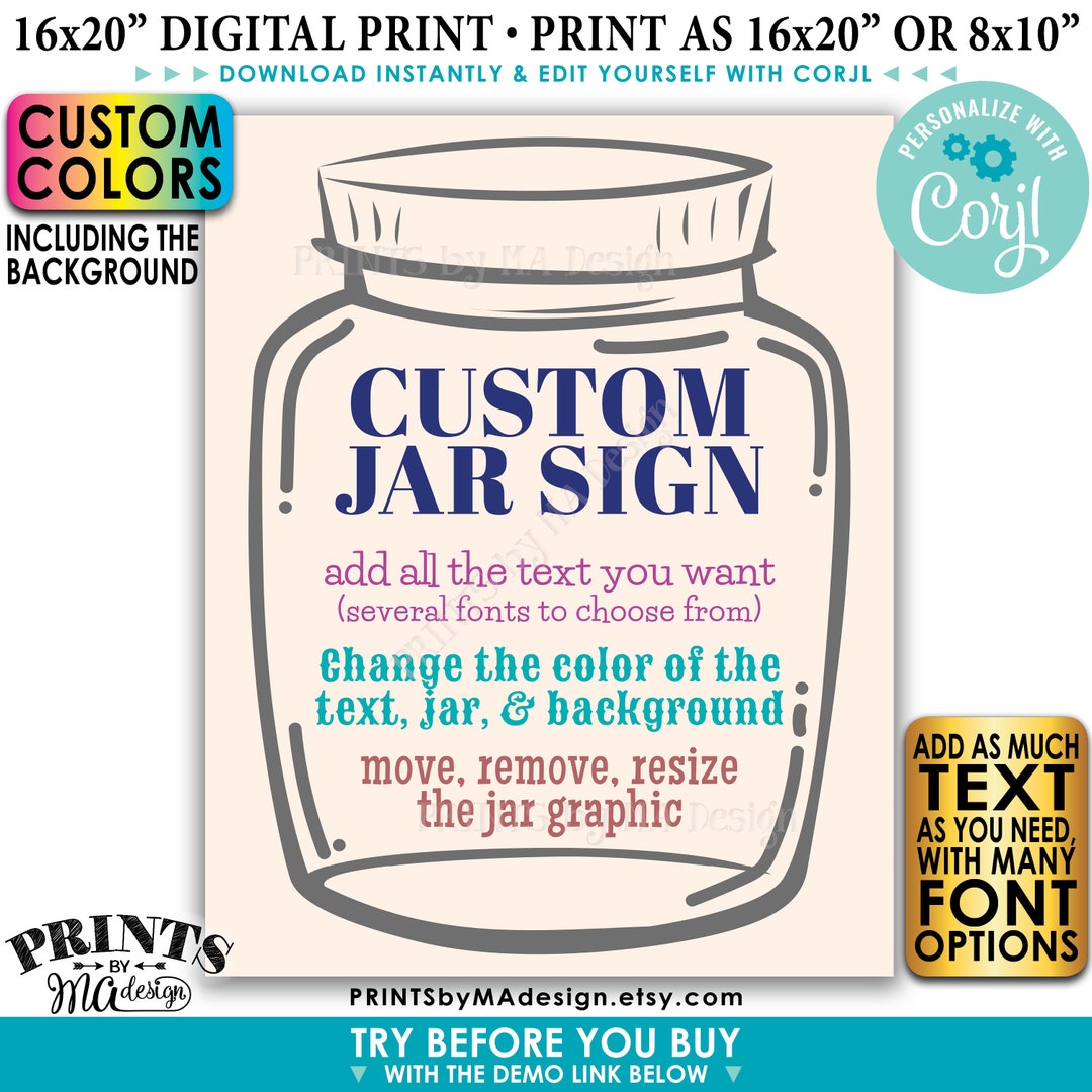 Custom Jar Sign, Editable Jar Sign, Custom Text & Colors, One PRINTABLE ...