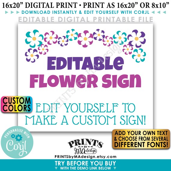 Editable Flower Sign Custom Floral Design Choose Your Text | Etsy