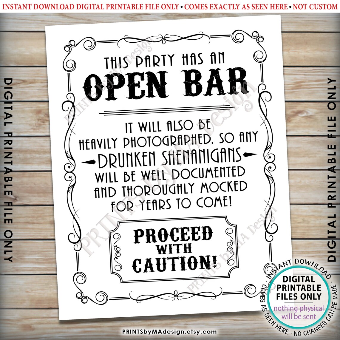 Caution Party Has an Open Bar Sign Drunken Shenanigans | Etsy