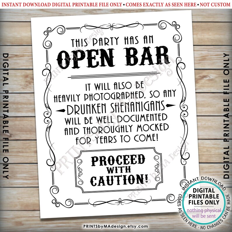 Caution Party Has an Open Bar Sign Drunken Shenanigans - Etsy