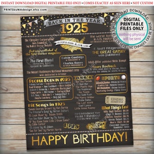 Born in 1925 Flashback Poster, Back in 1925 Birthday Party Decoration ...
