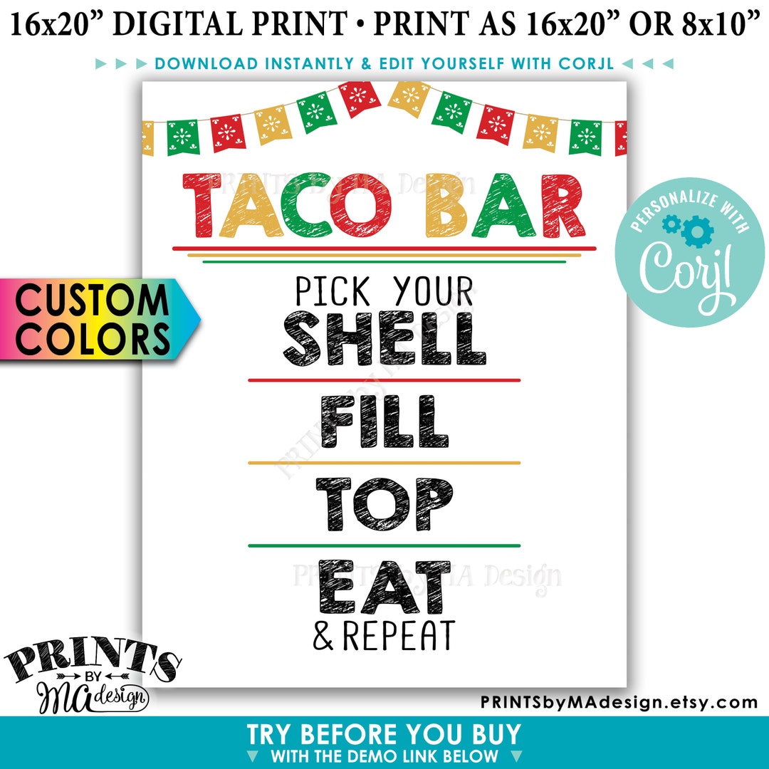 Taco Bar Sign, Cinco De Mayo Taco Bar Fiesta, Custom Colors PRINTABLE ...